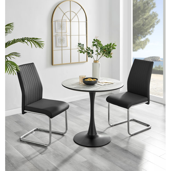 Elina White Marble Effect Melamine Round 80cm Dining Table and Chairs 2 Faux Leather Dining Chairs East Urban Home Chair Color Black Chrome